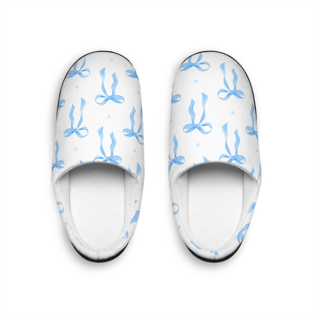 Bow Slippers, Blue and White Women's House Shoes, Soft Polyester Indoor ...