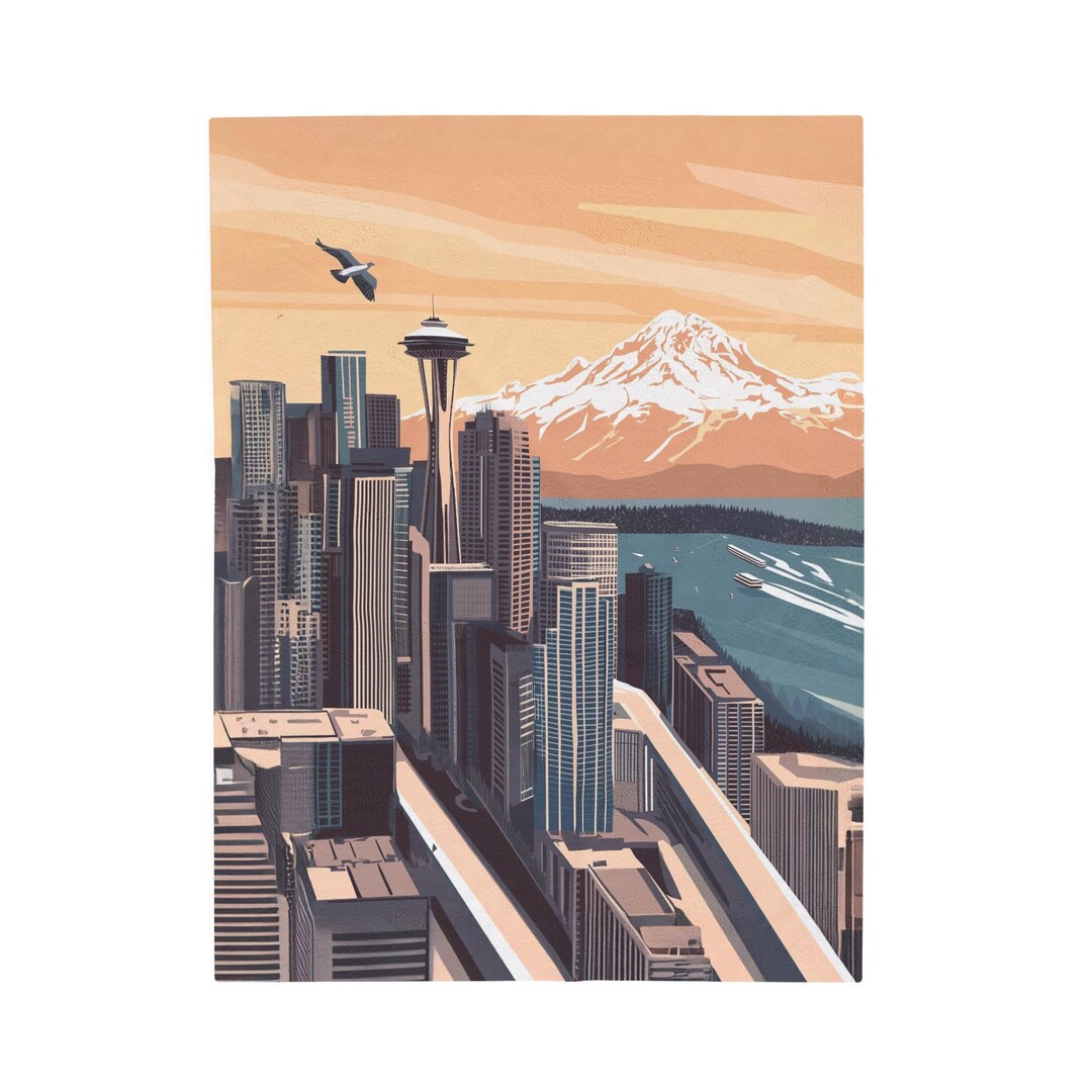 Seattle Skyline With Mt. Rainier Velveteen Plush Blanket, Soft Blanket ...