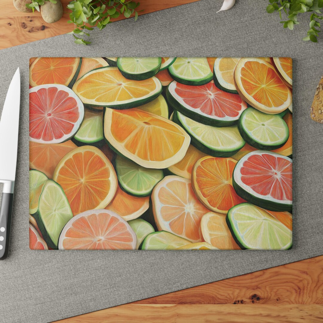 Citrus Fruits Glass Cutting Board, Kitchen Decor, Foodie Gift, Fruit ...