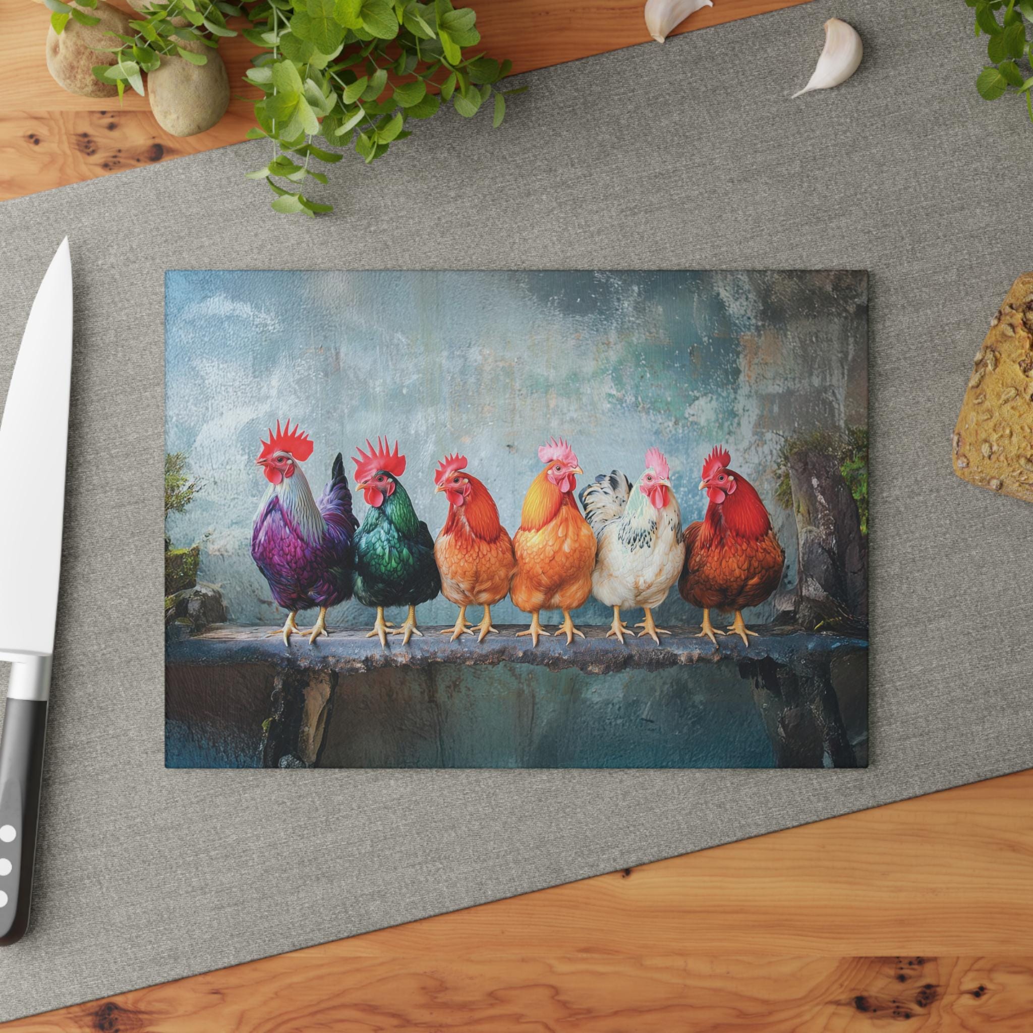 Colorful Chickens Glass Cutting Board, Rooster Kitchen Decor, Farmhouse ...