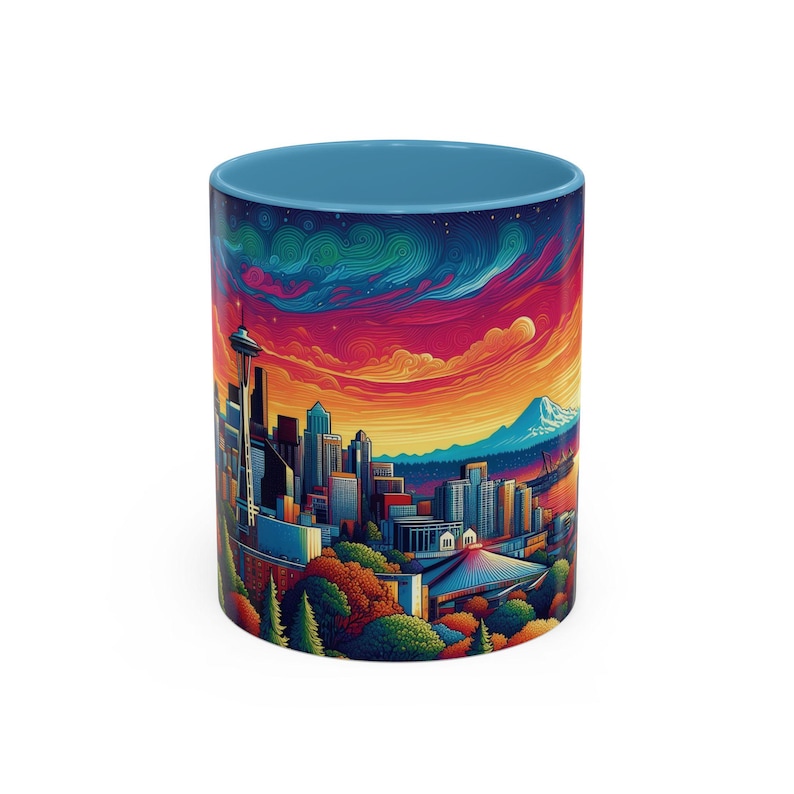 Seattle Skyline Mt Rainier Coffee Mug, Colorful Ceramic 15oz Cup ...