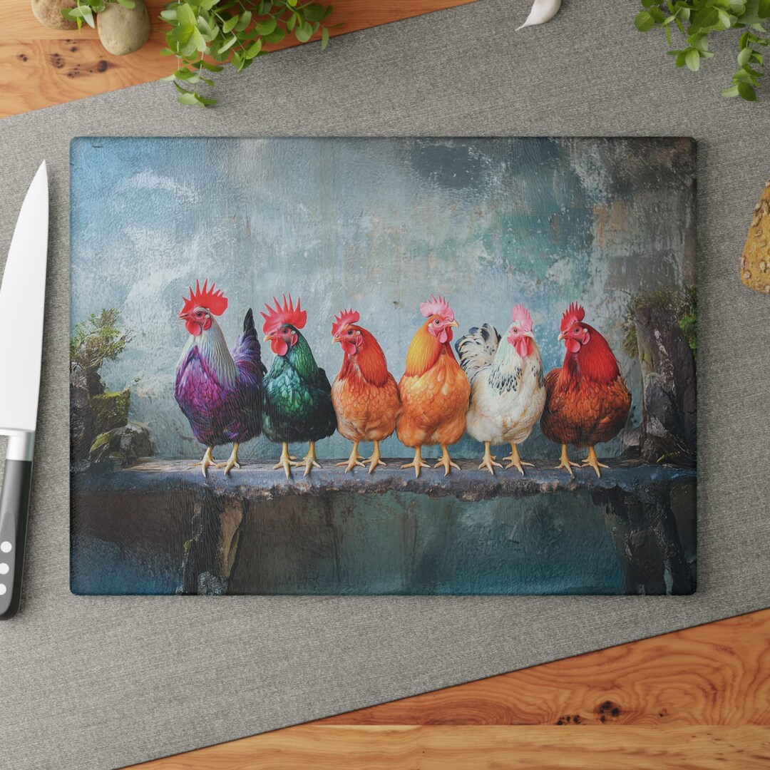 Colorful Chickens Glass Cutting Board, Rooster Kitchen Decor, Farmhouse ...