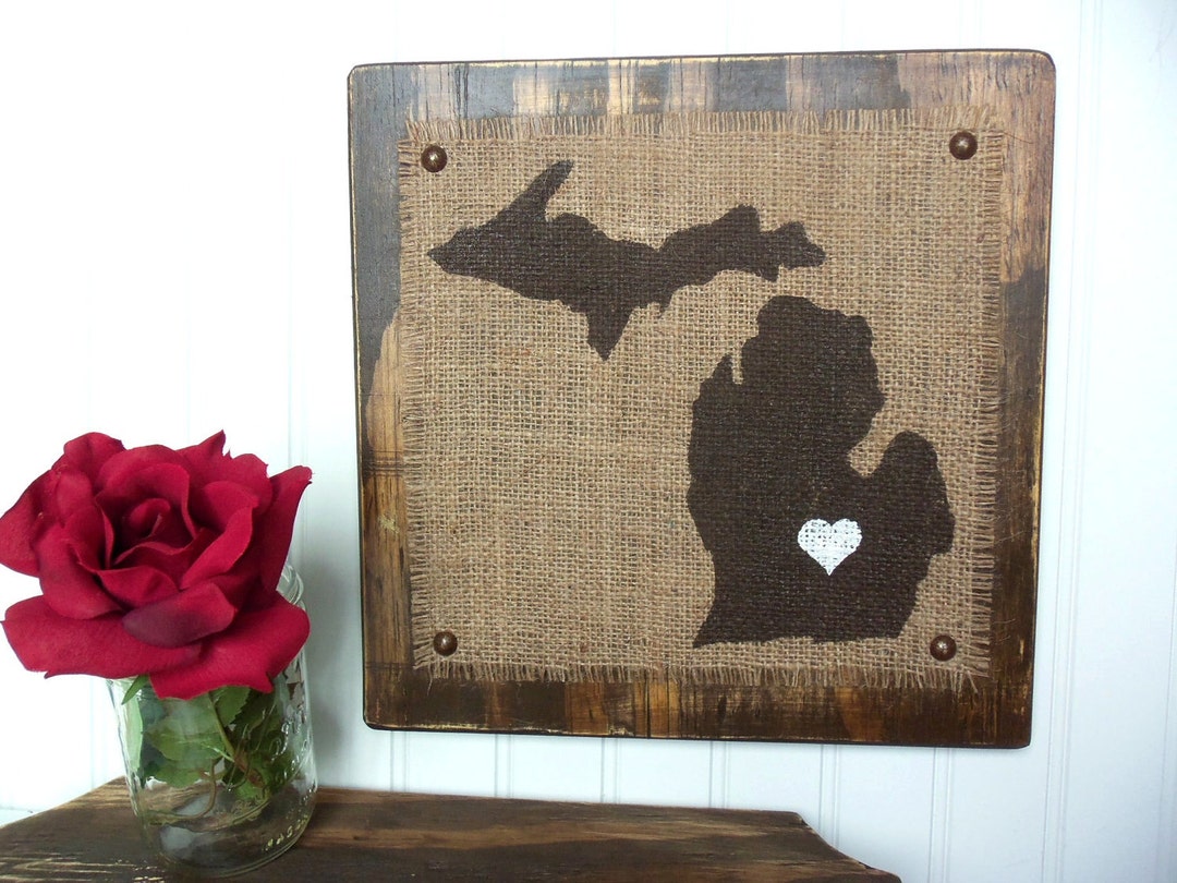 MICHIGAN Burlap Wood Wall Sign BROWN, Michigan Rustic BURLAP Hanging ...