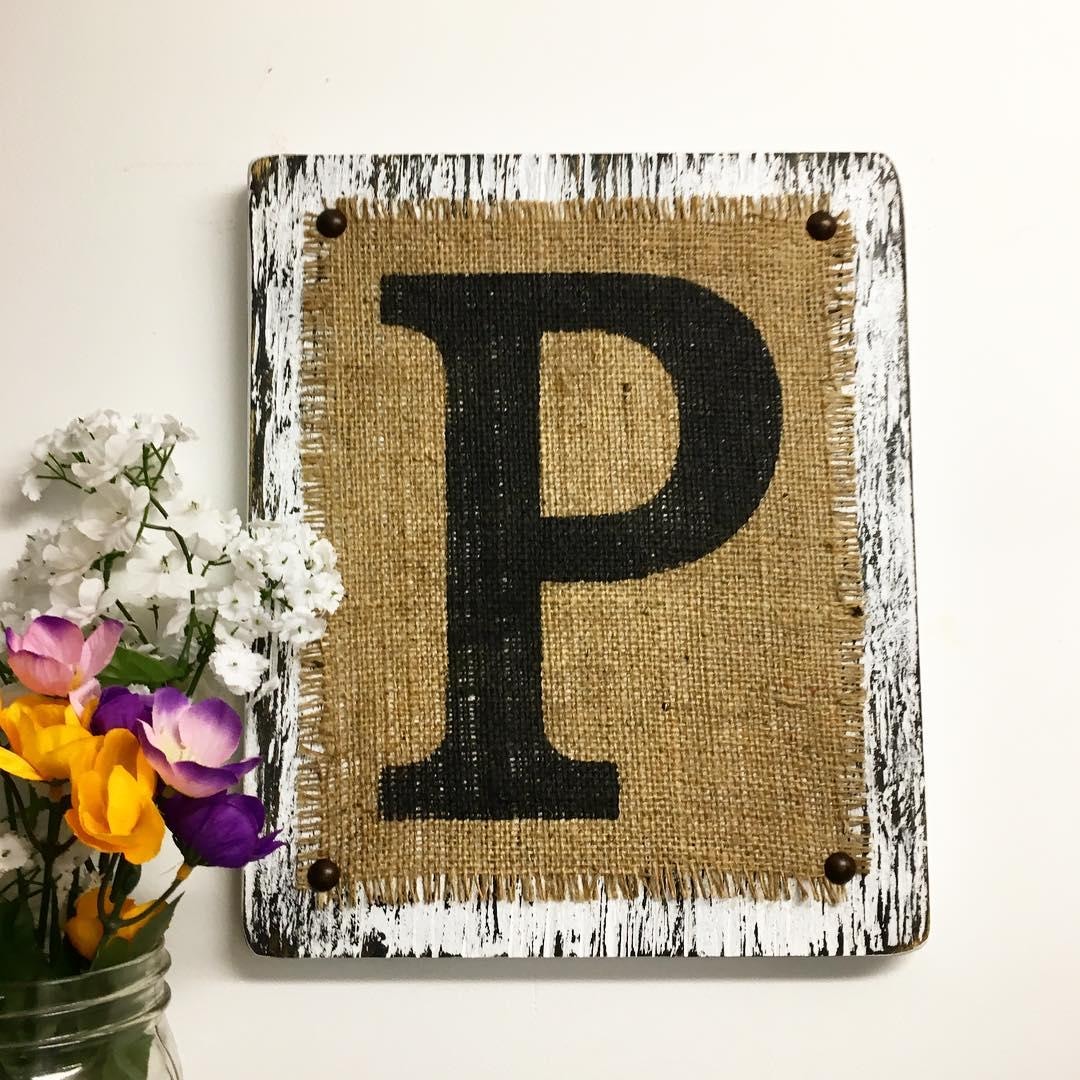 Rustic Burlap Monogram Letter Sign • Personalized Initial Wall Decor ...
