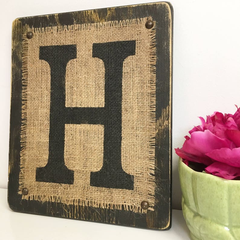 Custom letters Letter H Rustic Burlap Monogram Painted | Etsy