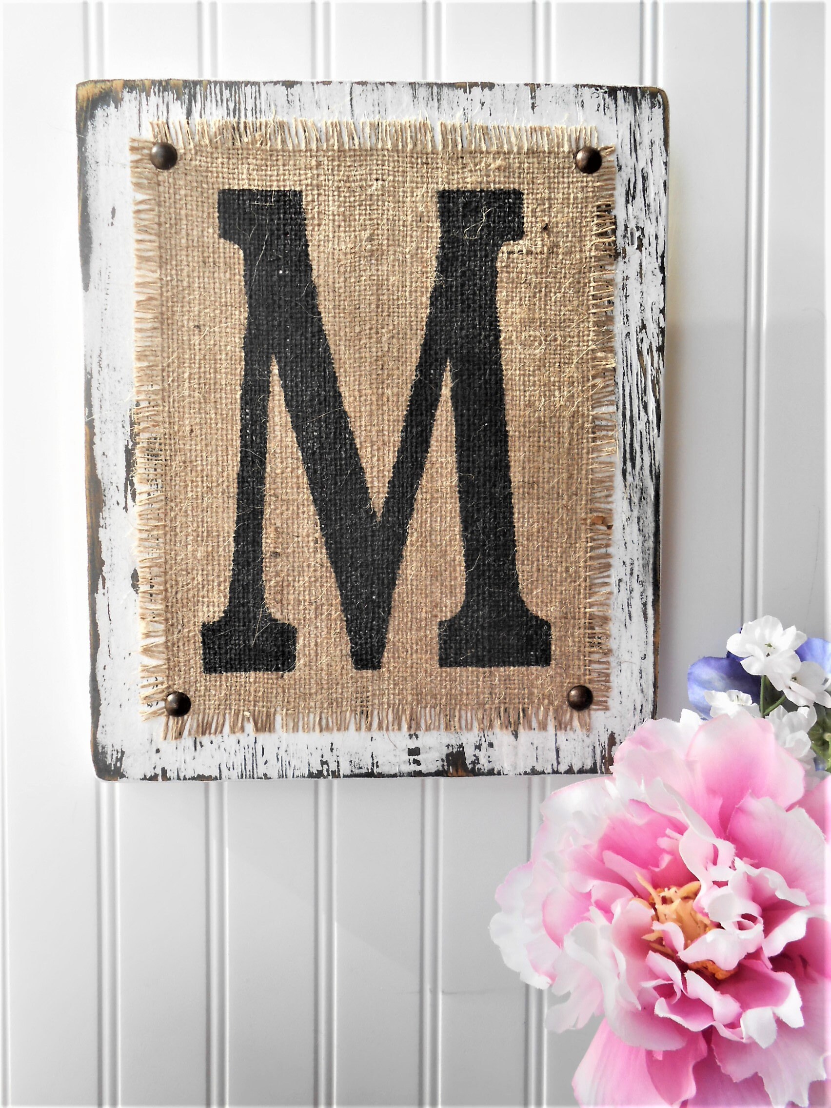 Custom letters Letter M Rustic Burlap Monogram Painted | Etsy