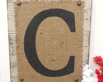 Burlap Monogram Wood Letter Sign Custom Letters Color | Etsy