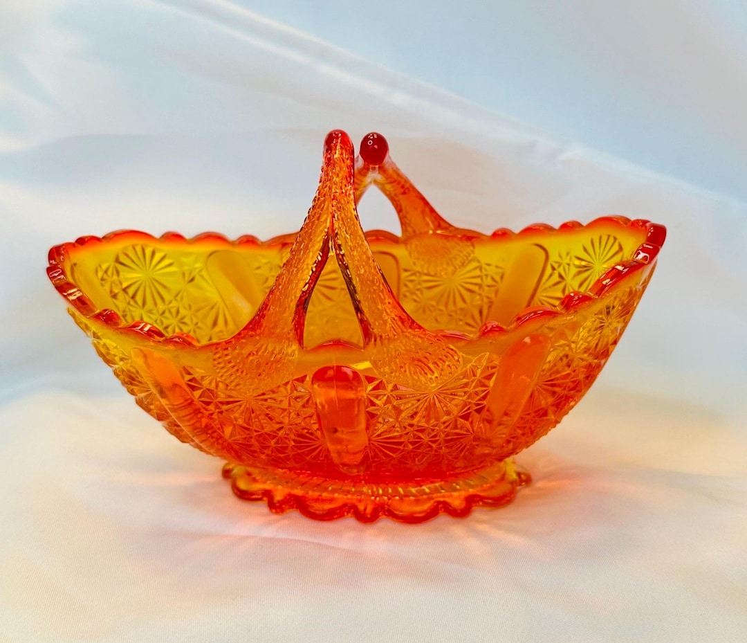 Fenton Amberina Split Handled Basket Daisy Button Pattern Circa 1960s ...