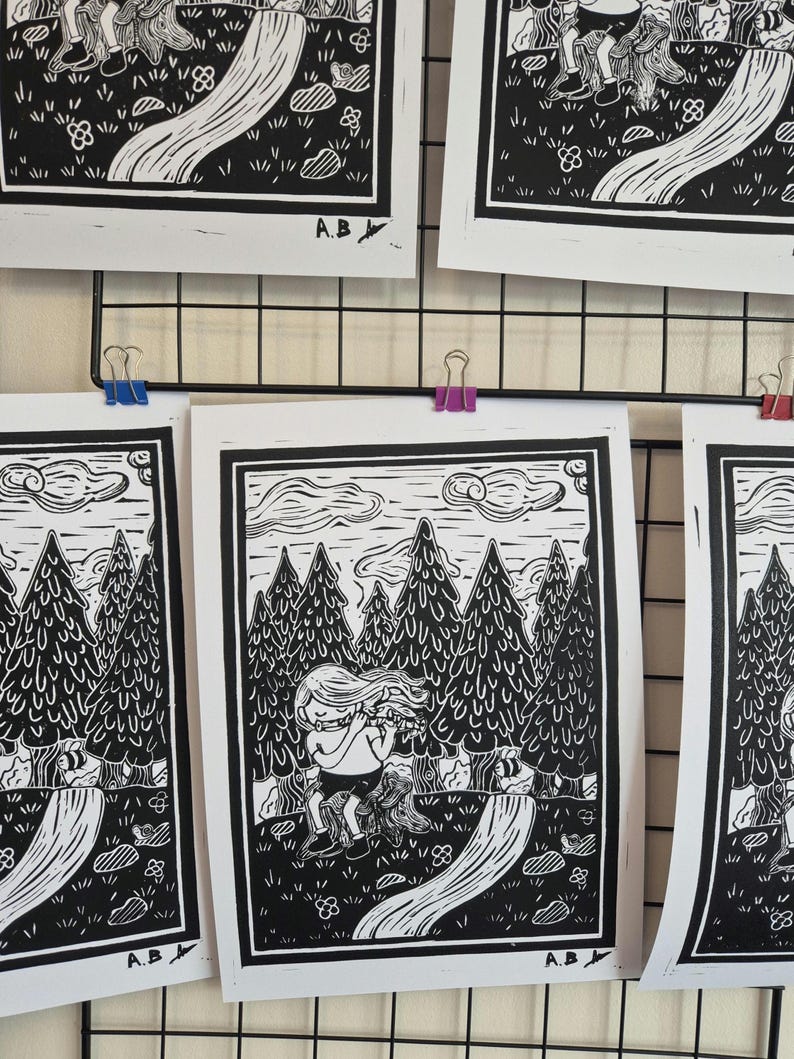 Adventure Time Lino Print: Finn the Human, Handmade Black & White Art ...