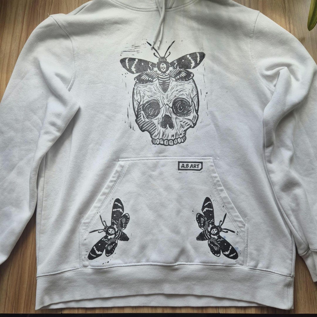 Skull and Deaths Head Hawkmoth Upcycled Printed Hoodie - White Jumper ...
