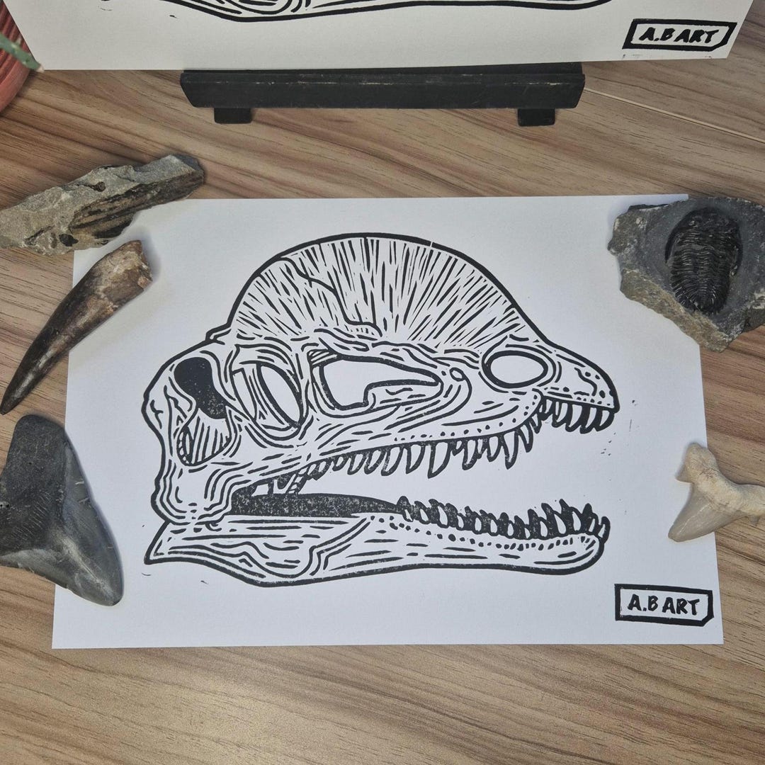 A4 Dilophosaurus Skull Linocut Art Print: Monochrome Dinosaur Fossil ...