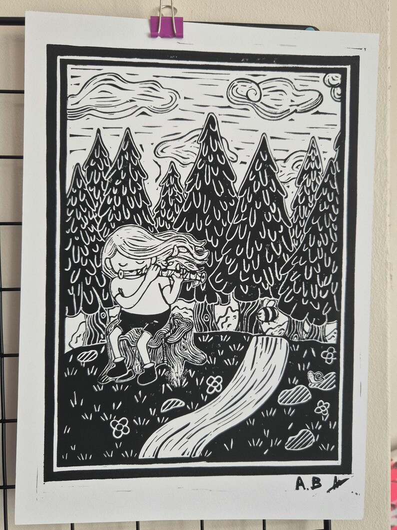 Adventure Time Lino Print: Finn the Human, Handmade Black & White Art ...