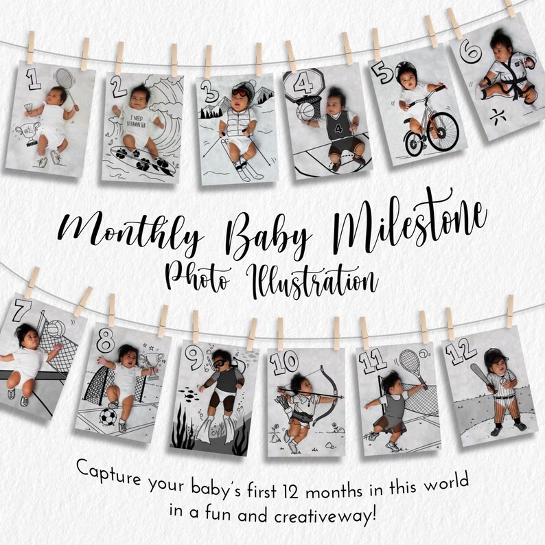 Monthly Baby Milestone Photo (12-MONTH PACKAGE), Illustration/drawing ...