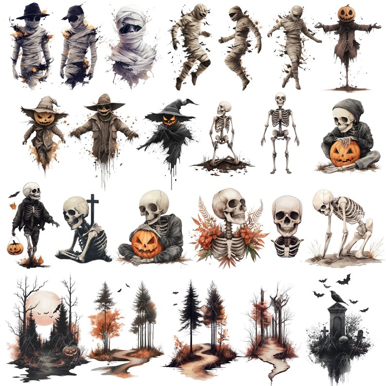 100 Spooky Halloween Cliparts, Watercolor, Dark, Spooky Halloween Clip ...