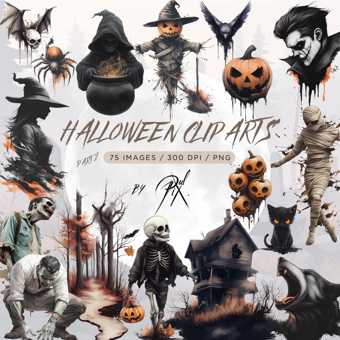 Halloween Clipart Bundle Part 2: 75 Watercolor, Dark, Spooky Halloween ...
