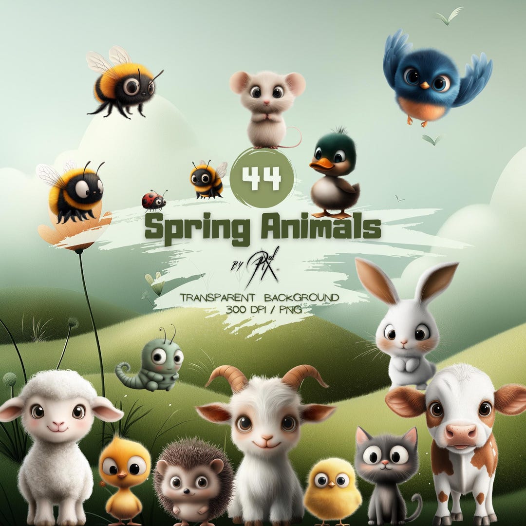 44 Cute Spring Animals Cliparts, PNG, Rabbit, Bumblebee, Hedgehog, Dog ...