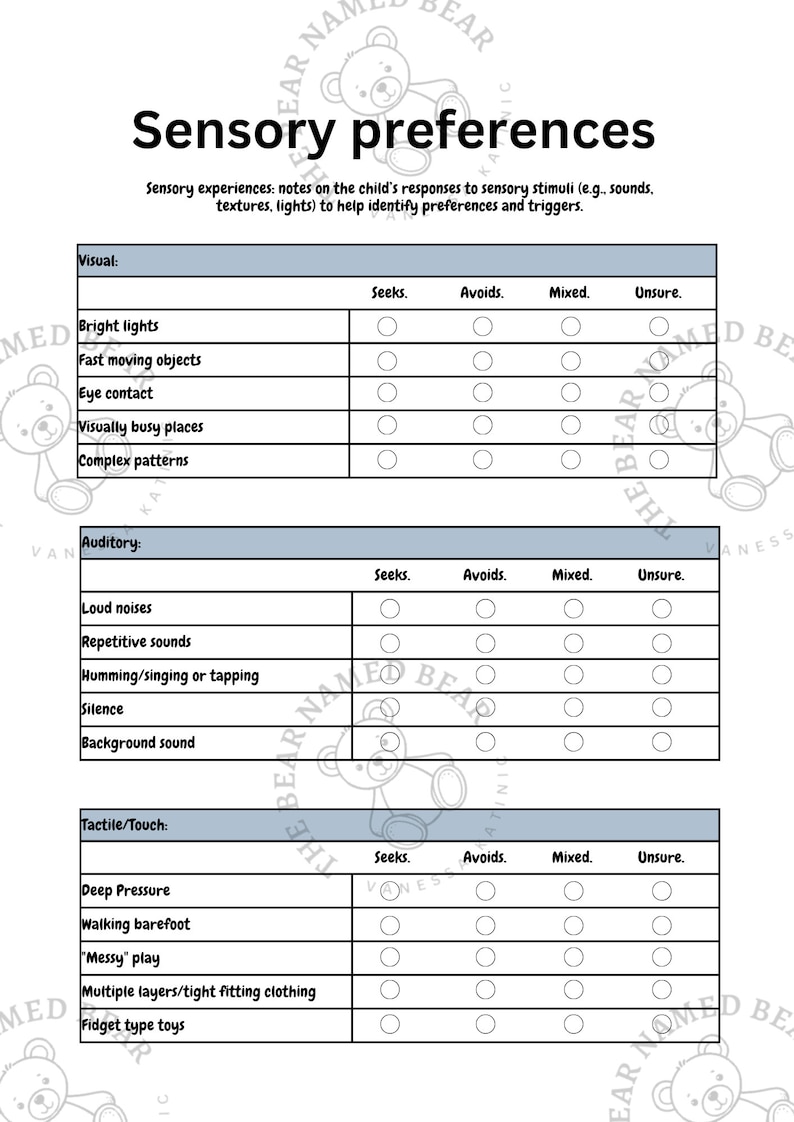 Printable Sensory Preferences Checklist Template: Autism-friendly Tool ...