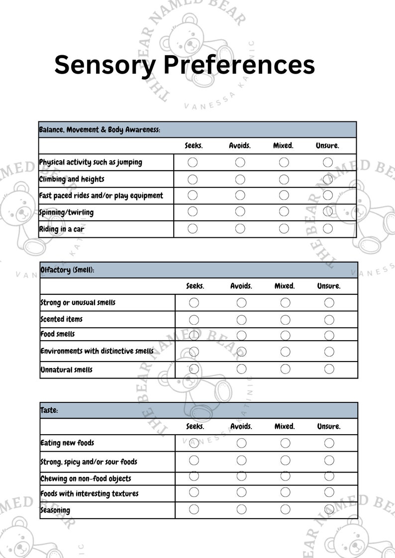 Printable Sensory Preferences Checklist Template: Autism-friendly Tool ...