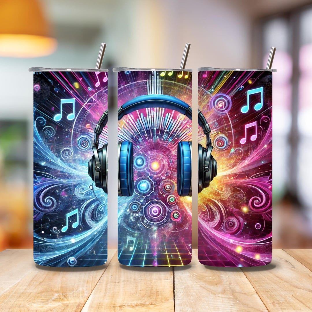 Music Headphones Tumbler Wrap PNG, Neon Music Note 20 Oz Skinny ...