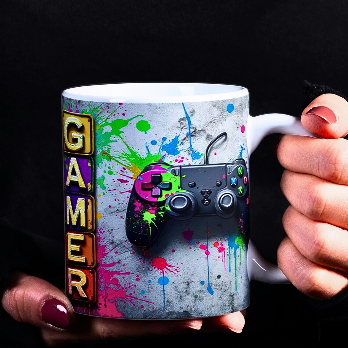 Gamer 15 Oz Mug Sublimation Design, Neon Video Game Controller Digital ...