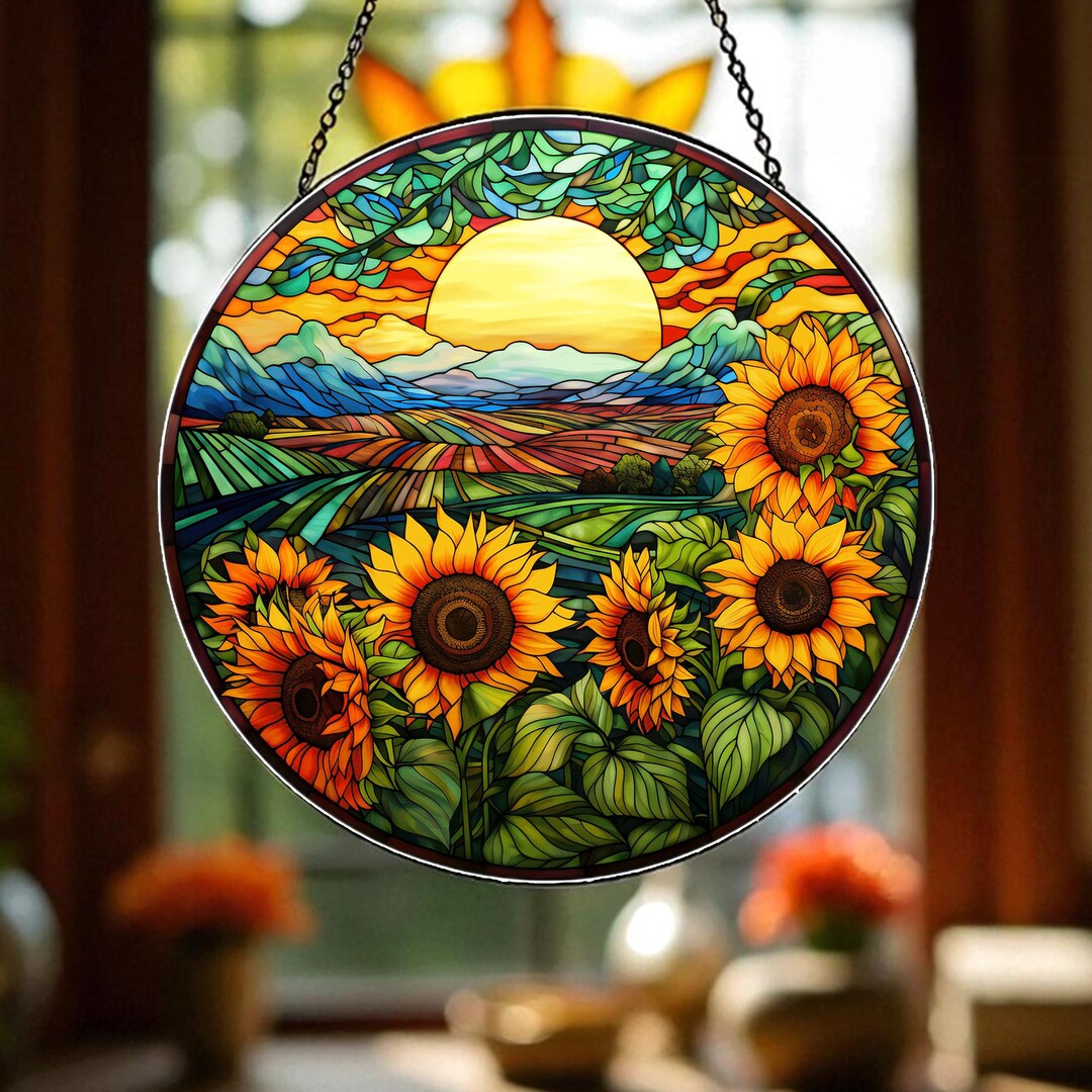 Sunflower Field Suncatcher, Floral Window Art, Stained Glass Sunflower ...