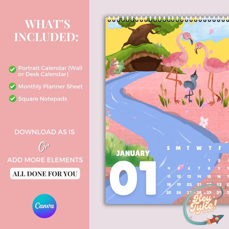 Pink Flamingo Watercolor Calendar & Planner Notepad Set (canva Template ...