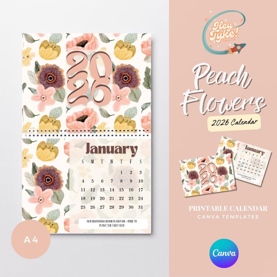 2026 Printable Aesthetic Calendar – Peach Floral Theme | Desk or Wall ...