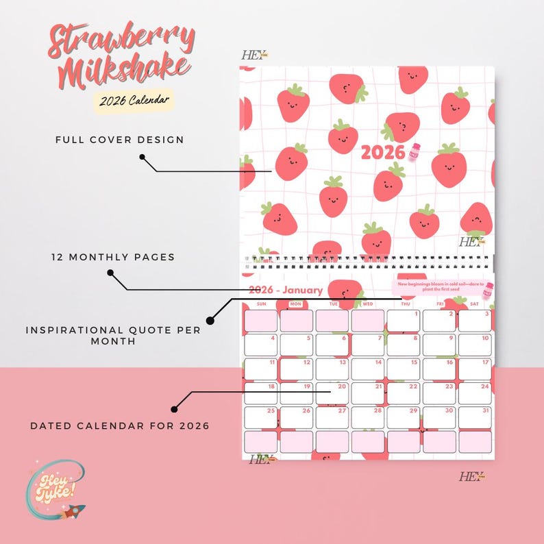 Editable Canva Template Kawaii 2026 Calendar | Pink Strawberry ...