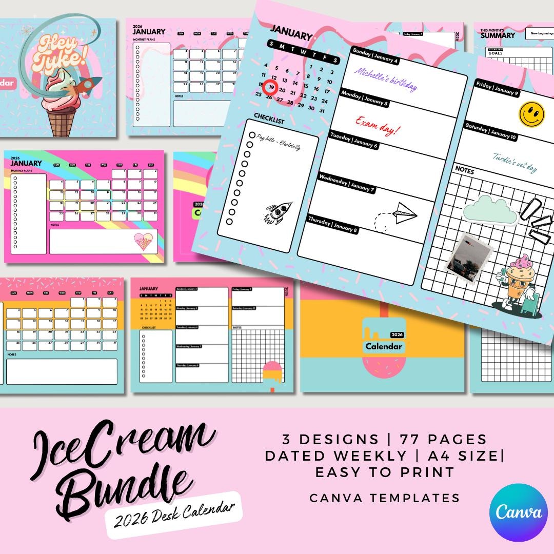Ice Cream Calendar Planner Calendar: Editable Canva Template (digital ...