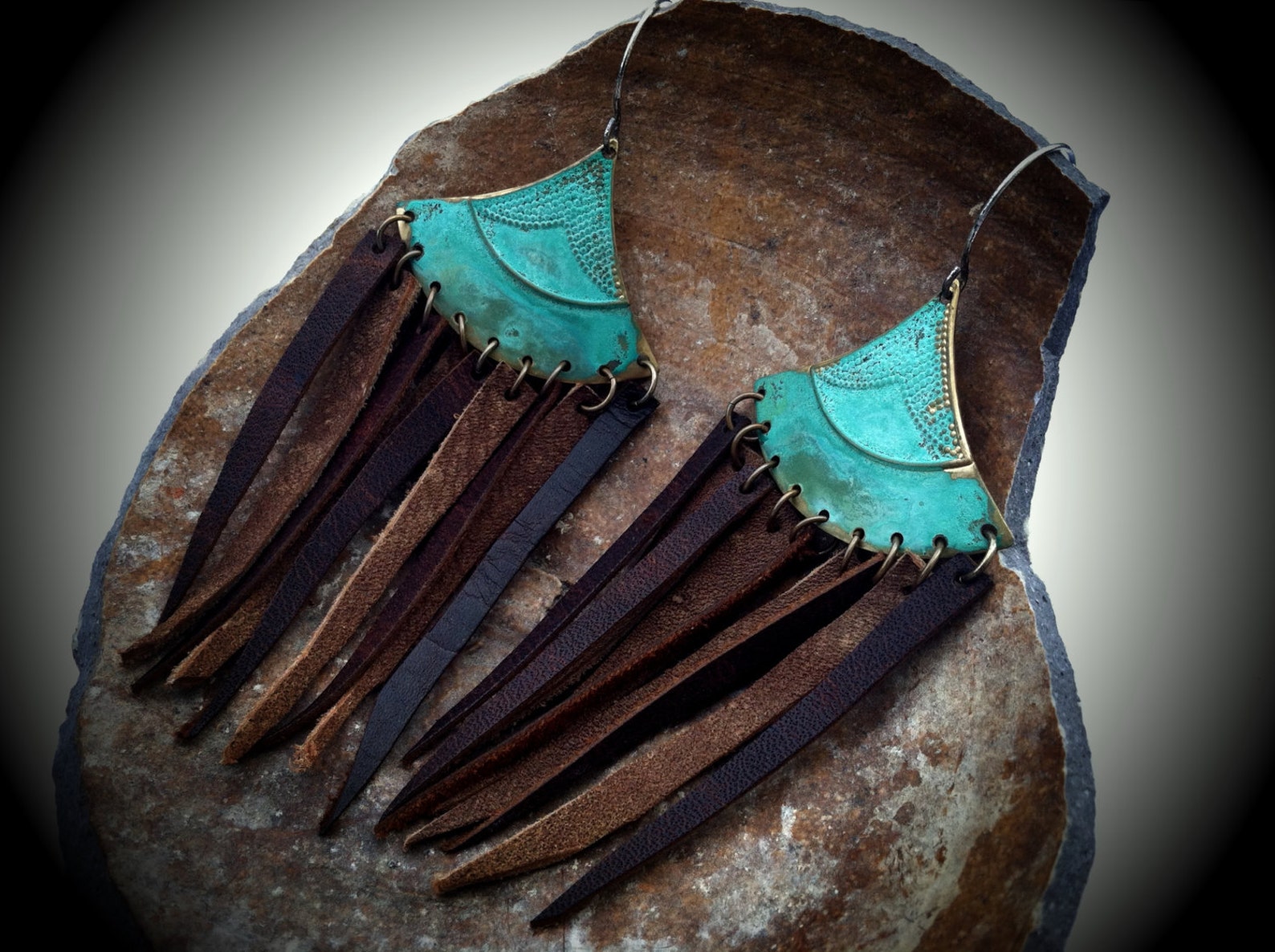 Verdigris Aztec Triangles With Leather Fringe - Etsy