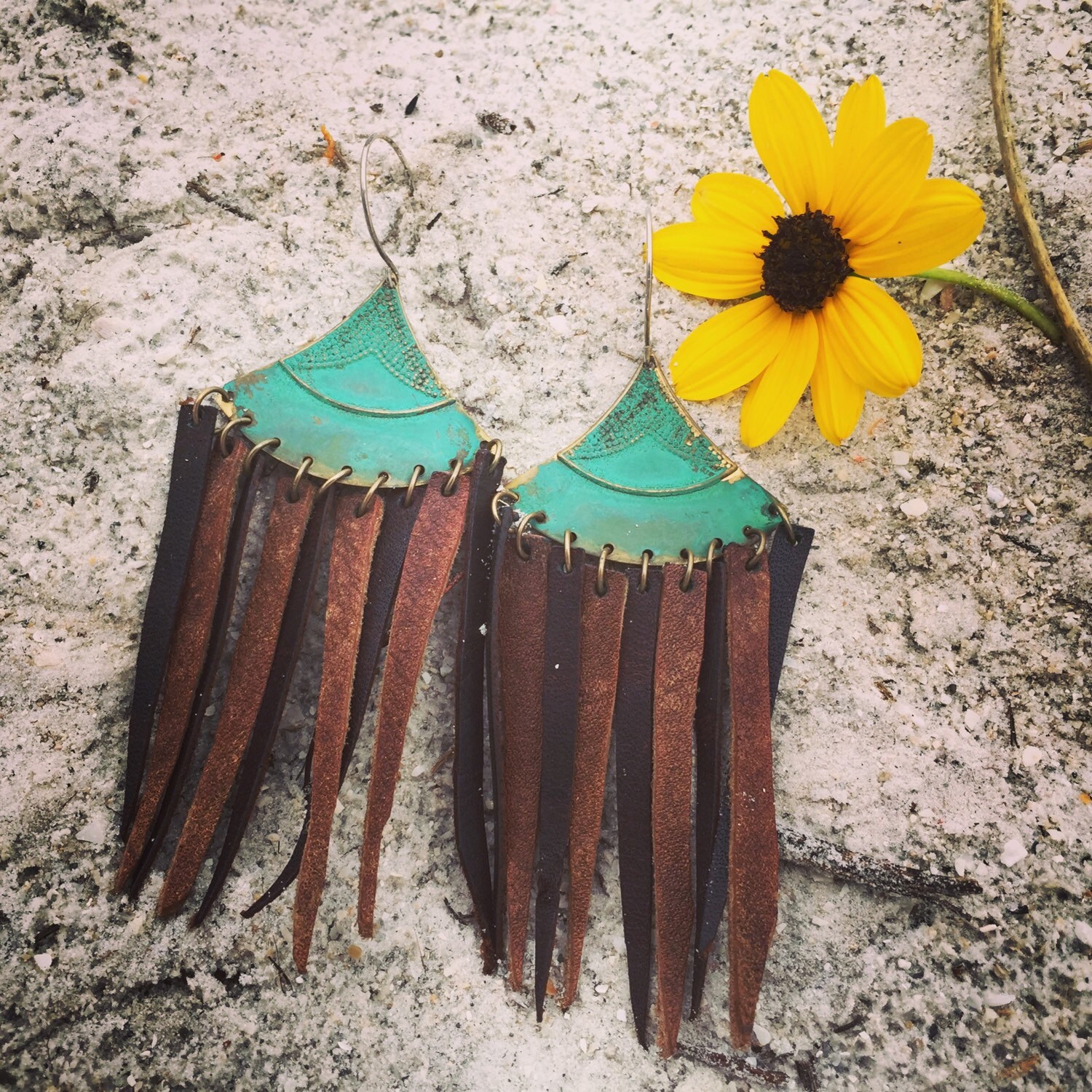 Verdigris Aztec Triangles With Leather Fringe - Etsy