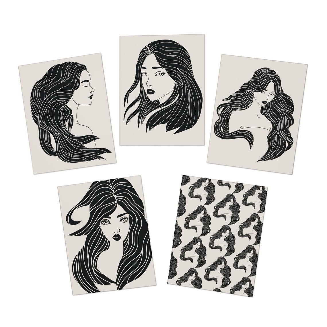 Asian Faces Long Flowing Hair Greeting Cards 5-pack | Art Illustration ...