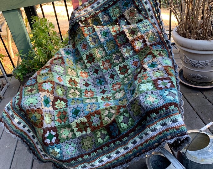 Handmade Crochet Granny Square Afghan - Colorful 6” Border Lap Blanket ...
