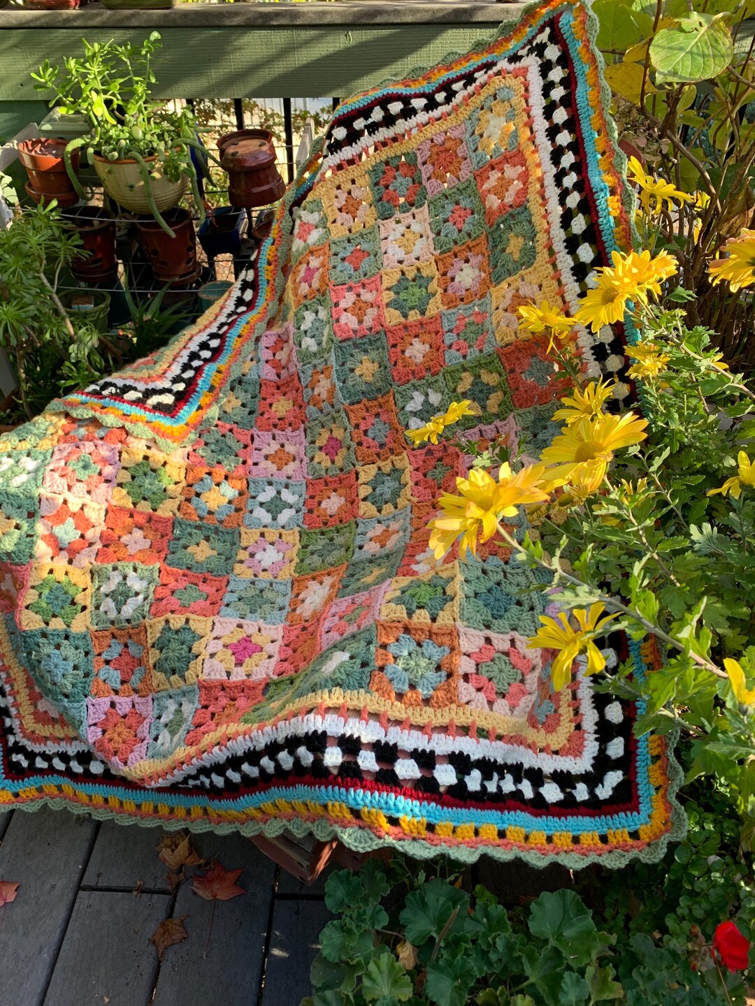 Handmade Granny Square Crochet Afghan: Colorful Checker Border, 48 ...
