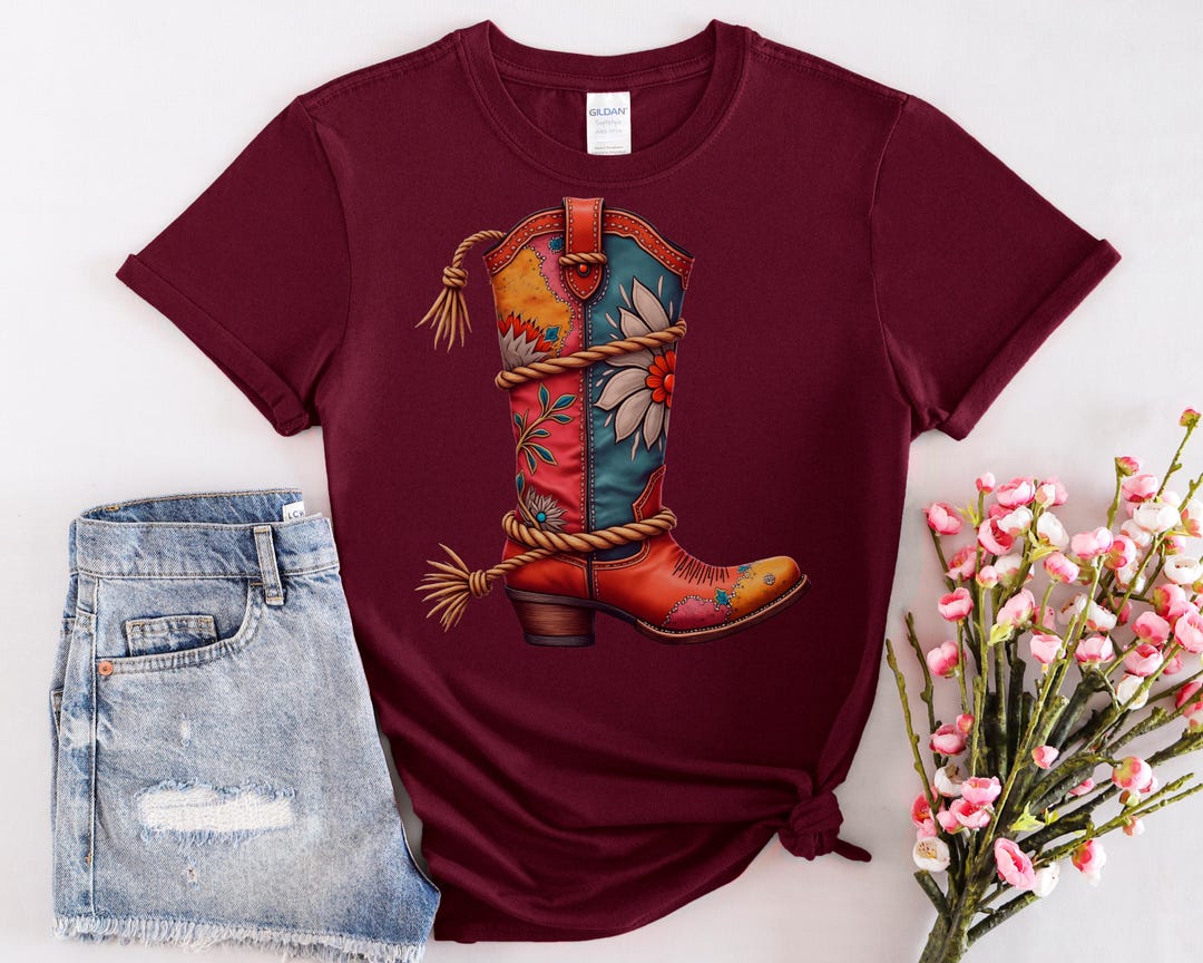 Colorful Boho Cowgirl Boot Design Floral Western Art Unique T-shirt - Etsy