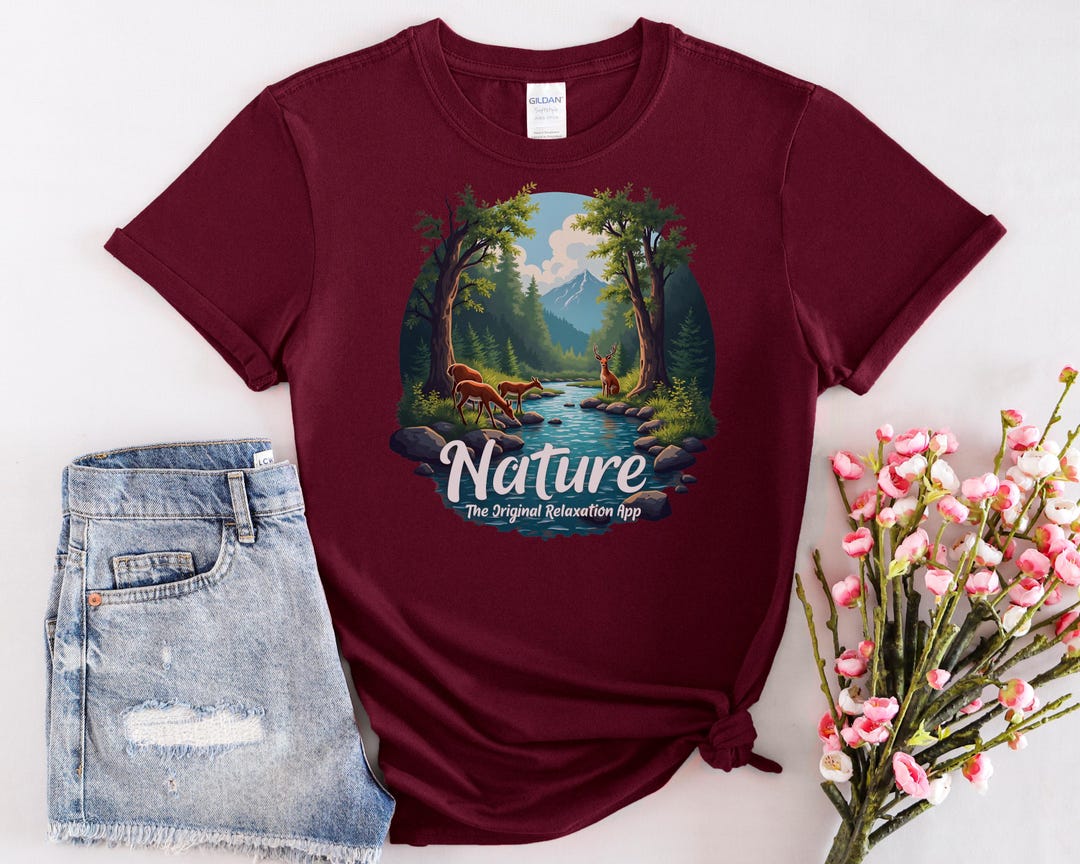 Nature Themed Relaxation Design Forest Mountain River Print Deer T ...
