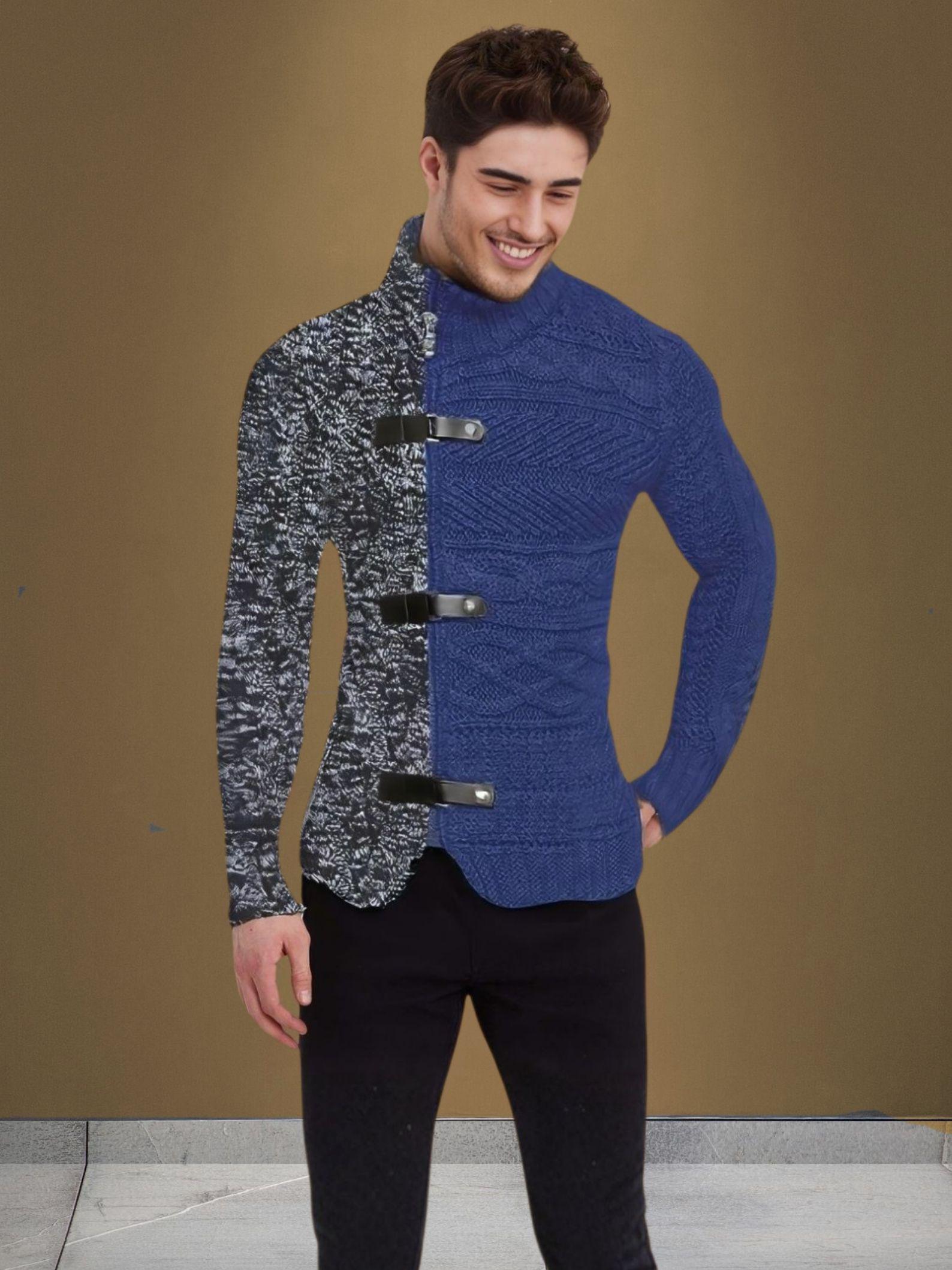 Men's High-necked Knit Cardigan - Long Sleeved Color Skin Buckle Design ...