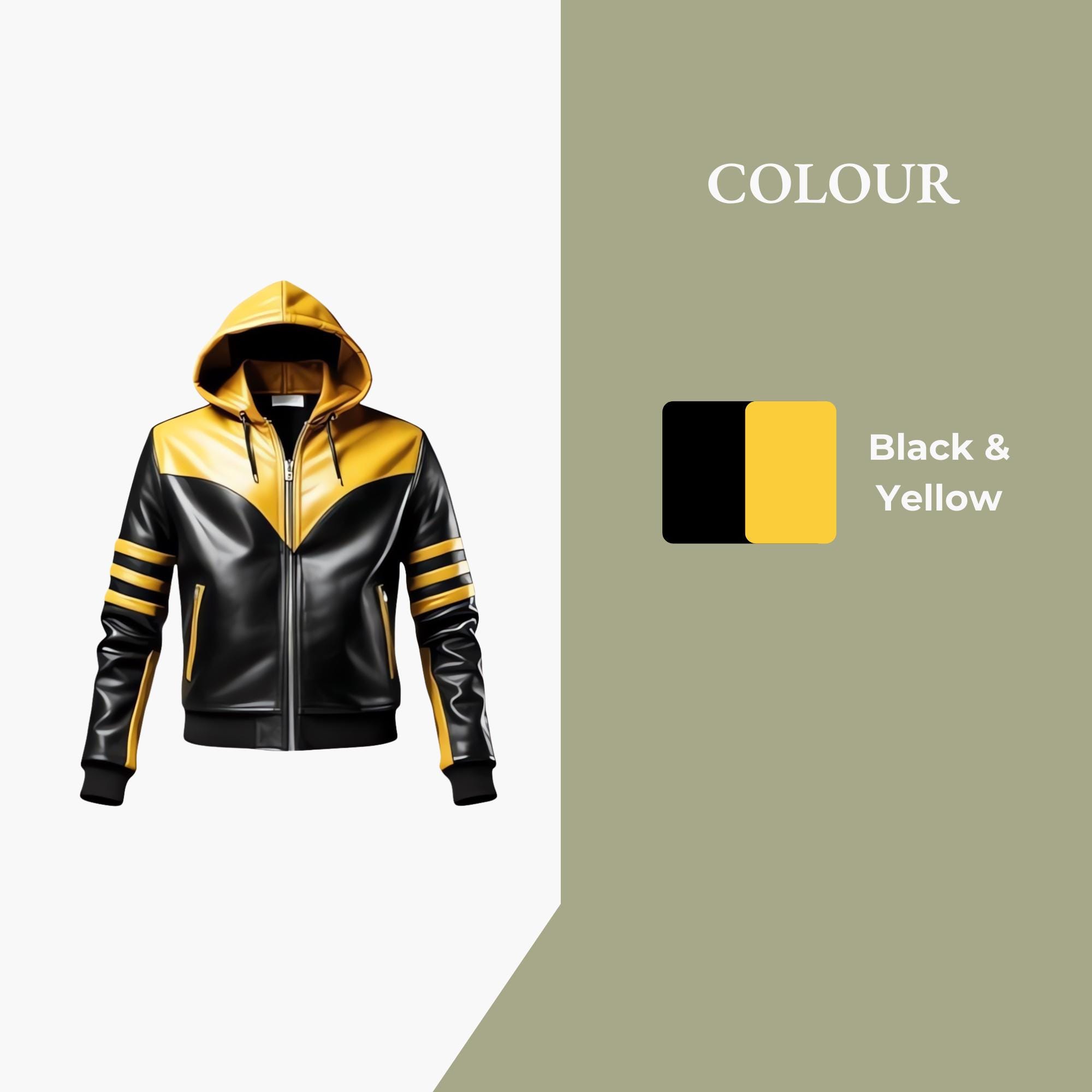 Black and Yellow Leather Jacket, Men's Hooded Leather Jacket, Midnight ...