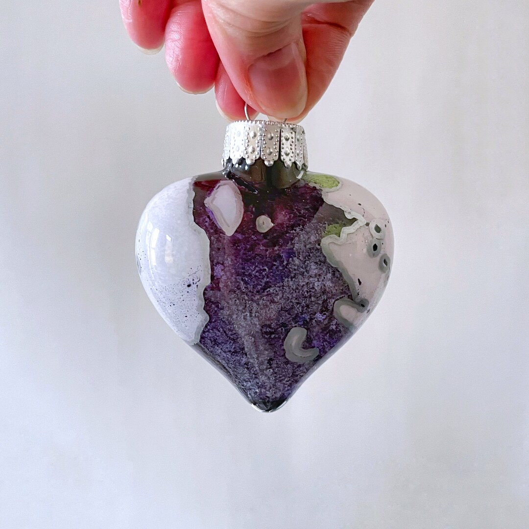 Hand Painted Glass Heart Ornament: Green & Silver Holiday Decoration - Etsy