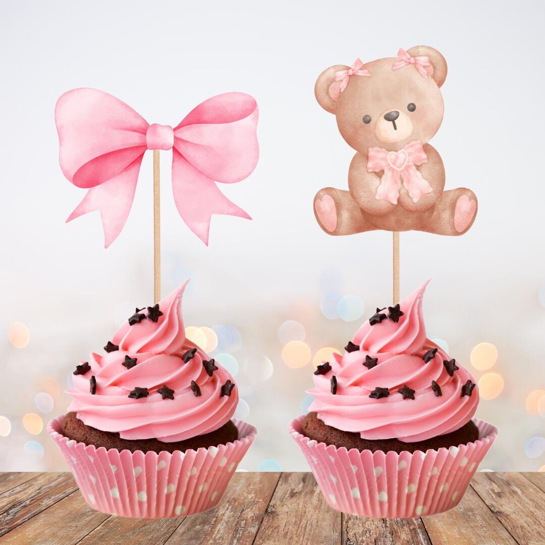 Bear & Pink Bow Cupcake Toppers - Double-sided Party Decor - Etsy