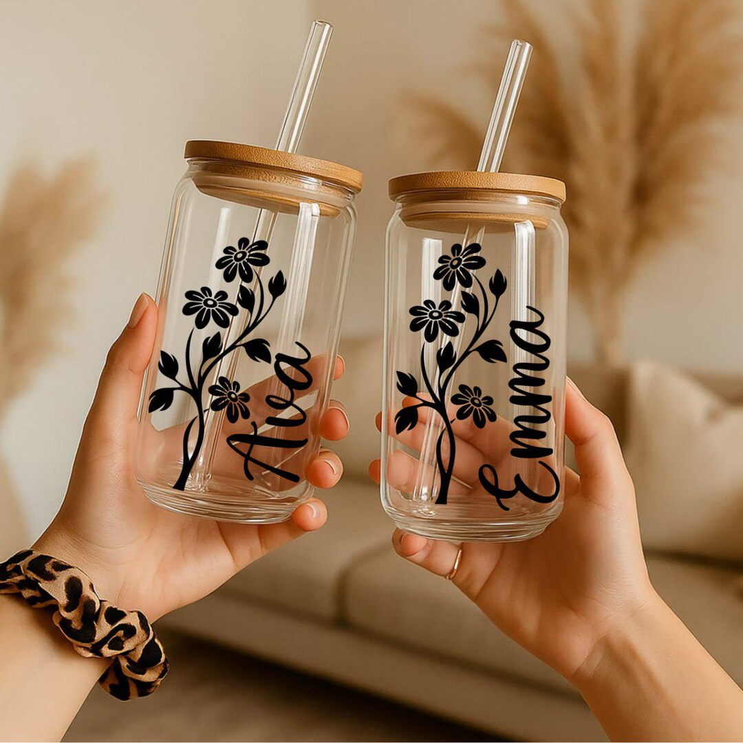 Personalized Flower Glass Can – Custom Name Iced Coffee Cup With Lid - Etsy