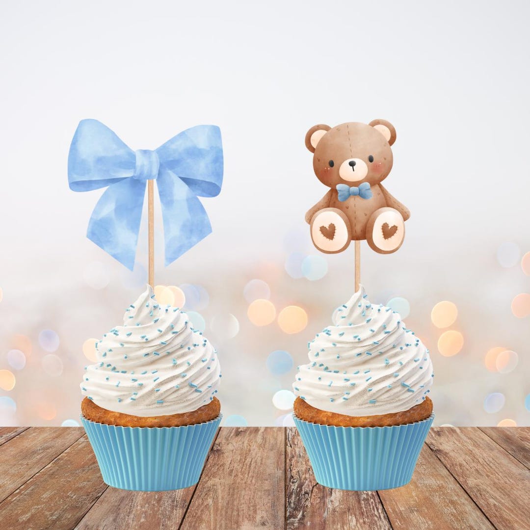 Set of 12! Cupcake Toppers Featuring a Blue Bow and Bear Design Double ...