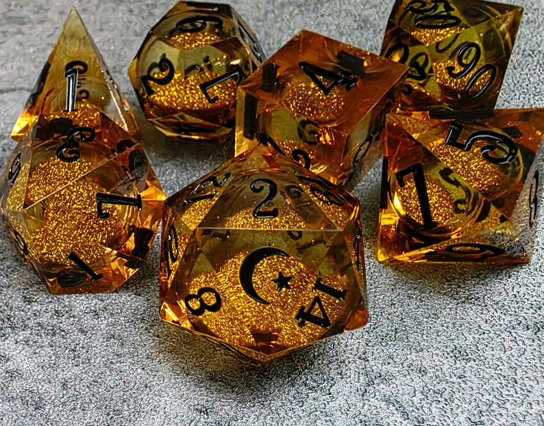 Gold Solar Prism Liquid Core Dice Set: Moon & Star DND Sharp Edge Dice ...