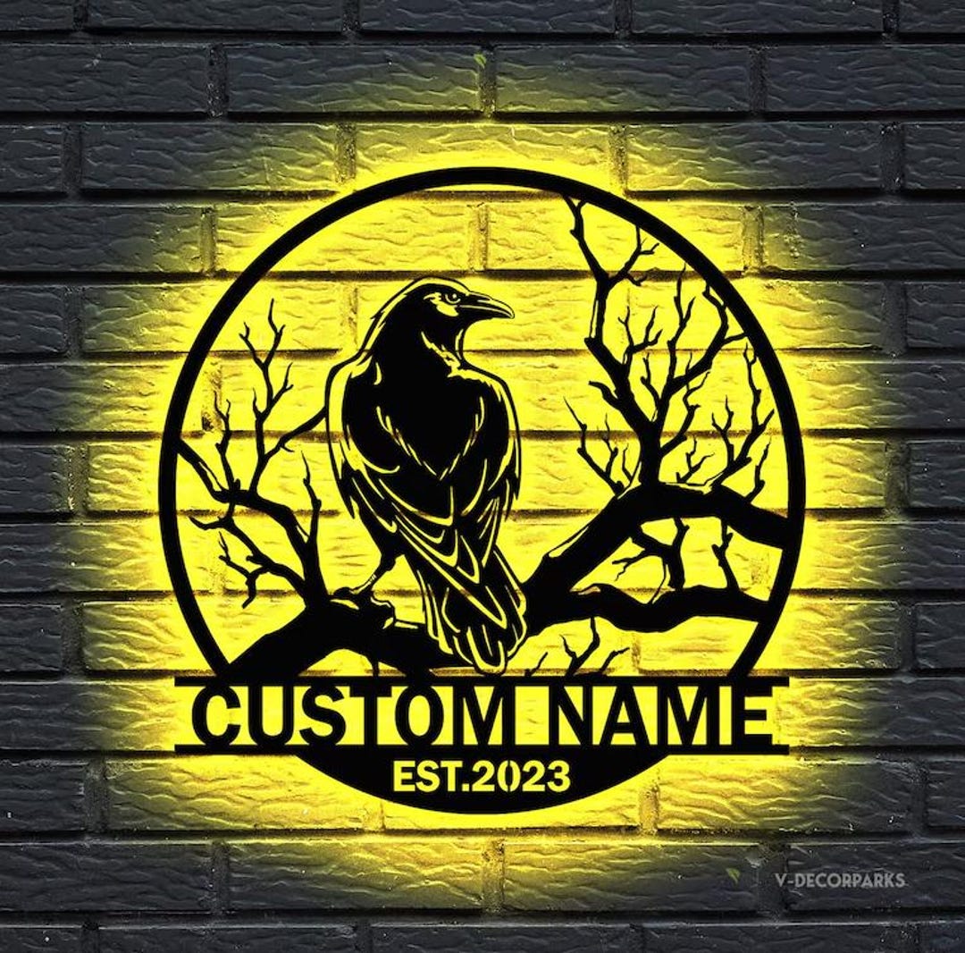 Personalized Raven Metal Wall Art With LED Light, Custom Crow Moon Name ...