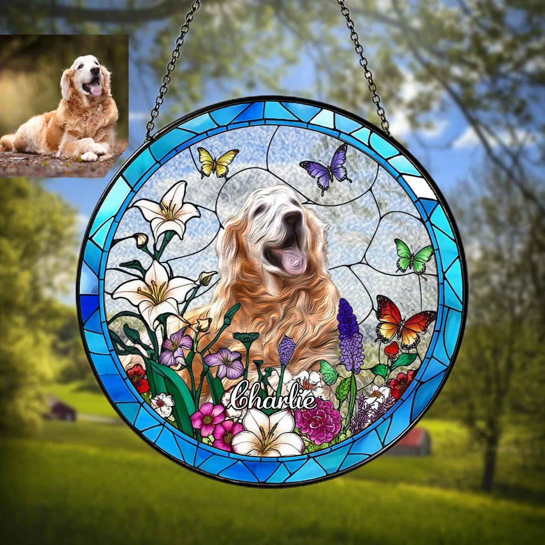 Custom Pet Portrait Art Suncatcher, Custom Colorful Glass Dog Portrait ...