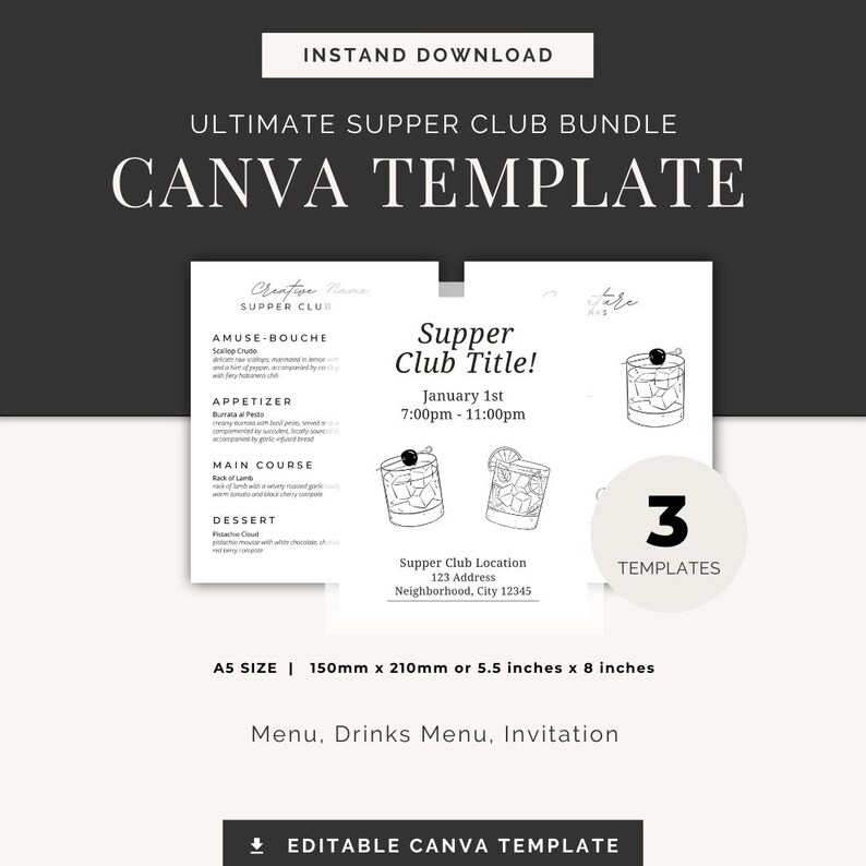Supper Club Bundle | Editable Canva Templates | A5 Invitation, 4-course ...