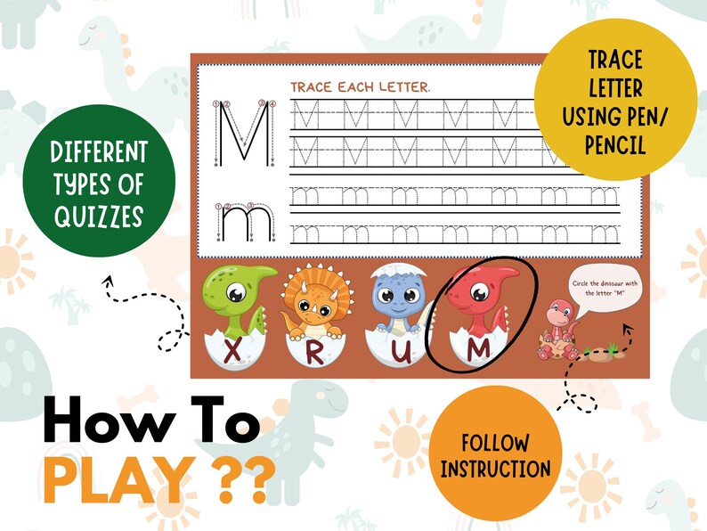 27 Page Dinosaur Theme Alphabet Tracing Worksheets, Quizzes ABC ...