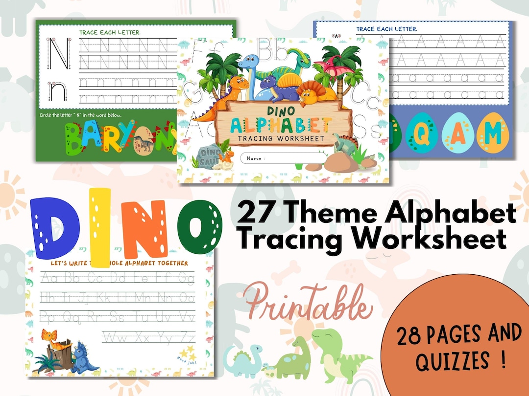 27-page Dinosaur-themed Alphabet Tracing Worksheets, Quizzes ABC ...