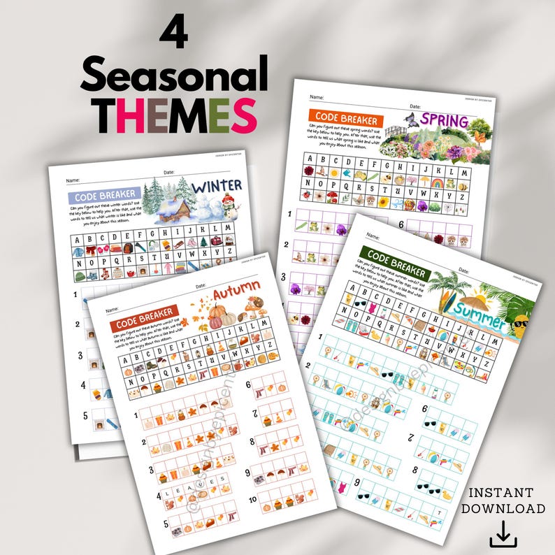 20 Code Breaker Worksheet for Kids 7 Themes Activity Seasonal Festival ...