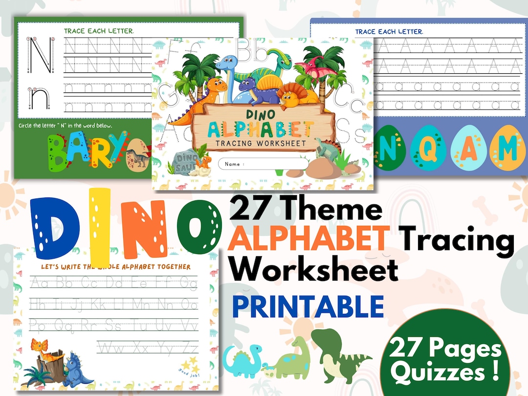27 Page Dinosaur Theme Alphabet Tracing Worksheets, Quizzes ABC ...